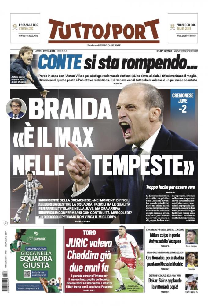 PRIMA PAGINA - Tuttosport: "Braida: 'E' il Max nelle tempeste'"